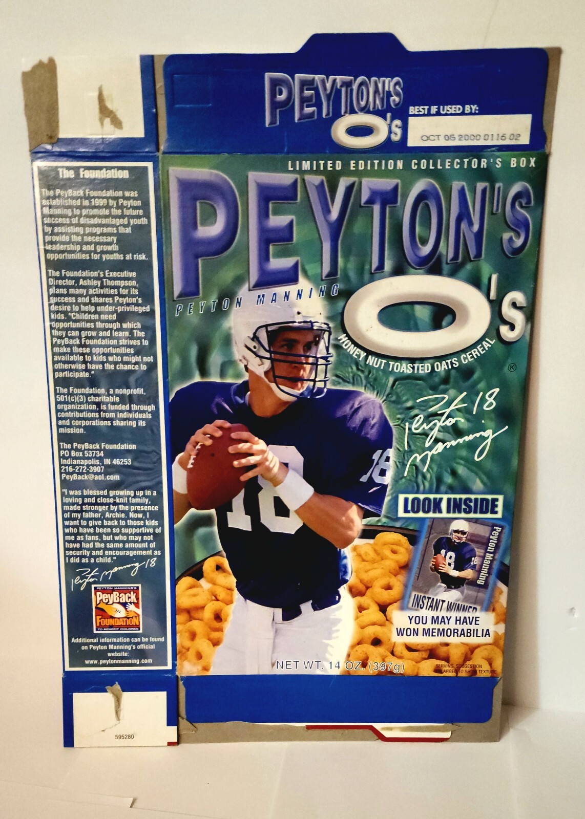 Peyton's O's Cereal BOX ONLY, Limited Edition, Indianapolis Colts- Year ...