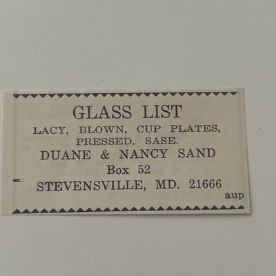 Glass List Lacy Blown Cup Plates Duane Sand Stevensville MD 1973 Ad ...