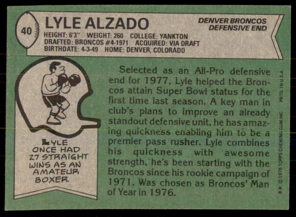 1978 TOPPS LYLE ALZADO DENVER BRONCOS #40 SHARP BUT CREASED | eBay