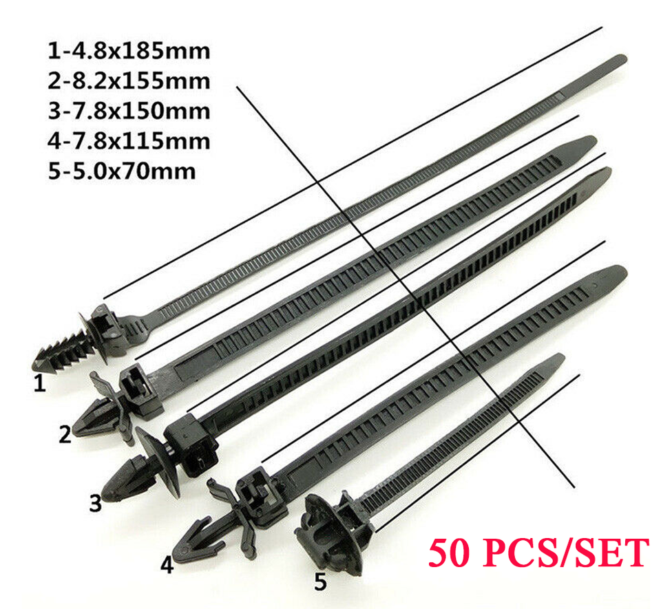 50 Pcs Car Line Cable Ties Zip Tie Push Rivet Clip Wiring Loom Harness ...