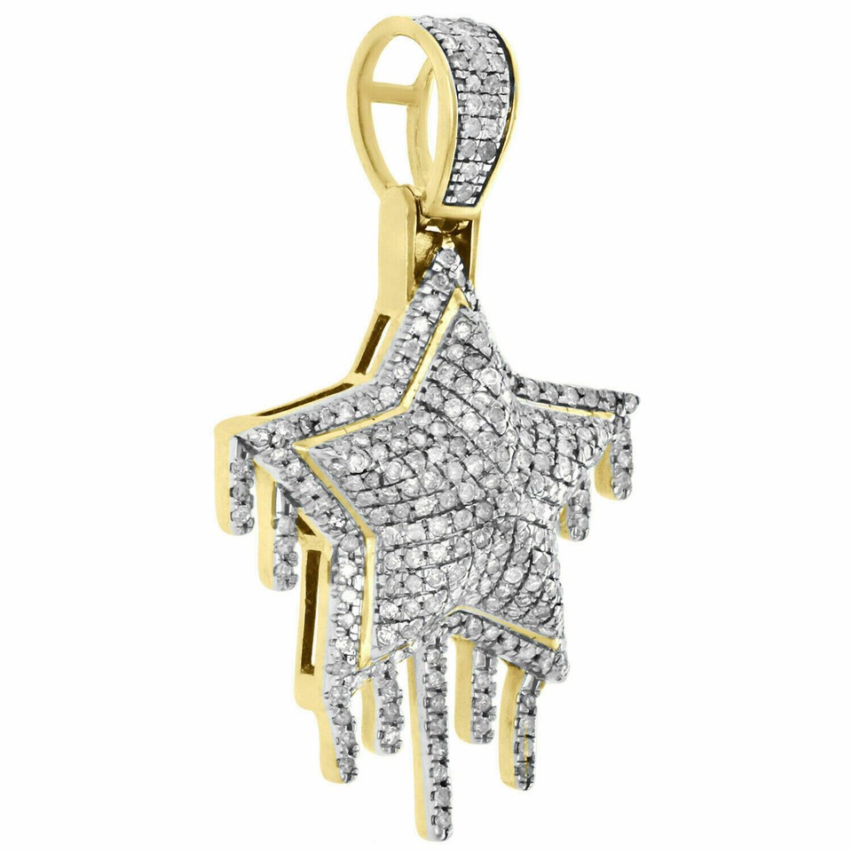 10K Yellow Gold Finish Diamond Double Drip Star Pendant Mens Pave Charm ...