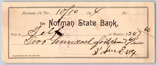 Norman, Oklahoma Territory 1907 $247.60 "Norman State Bank" Check ...