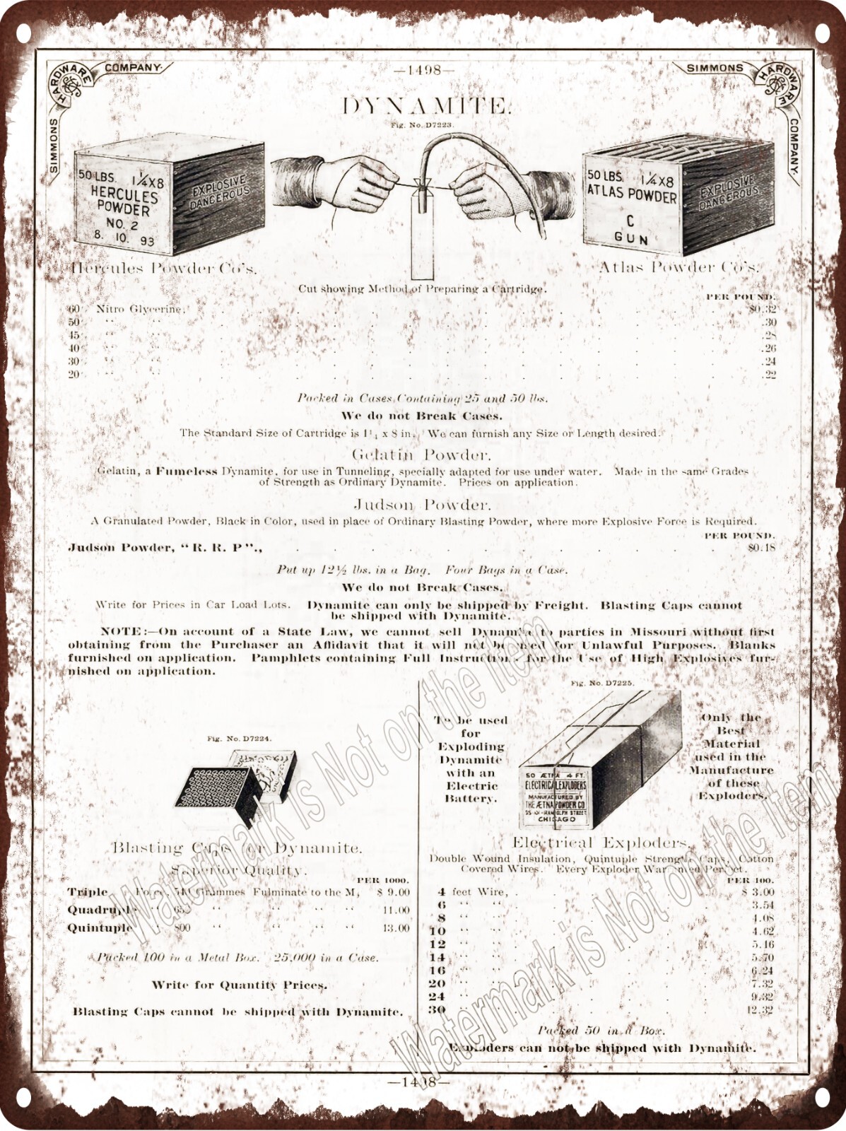 1894 Atlas Hercules Dynamite Explosive Black Powder Metal Sign 9x12 ...