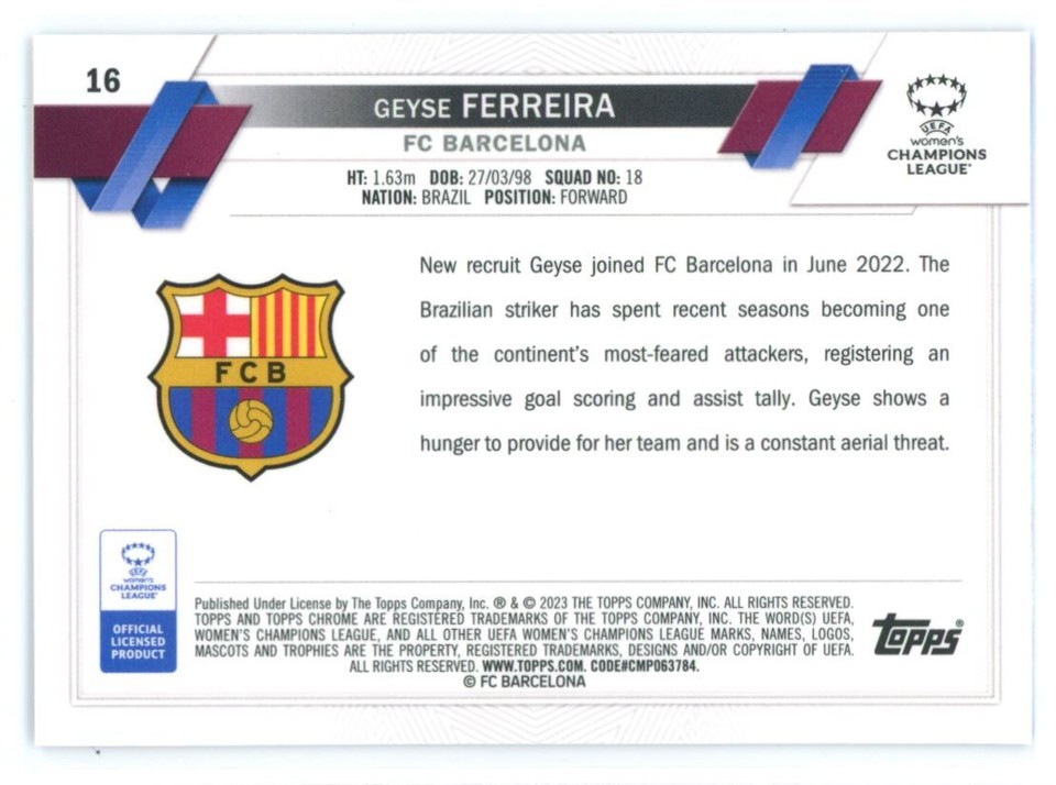 2023 Topps Chrome Sapphire UEFA Womens Geyse Ferreira RC FC Barcelona ...