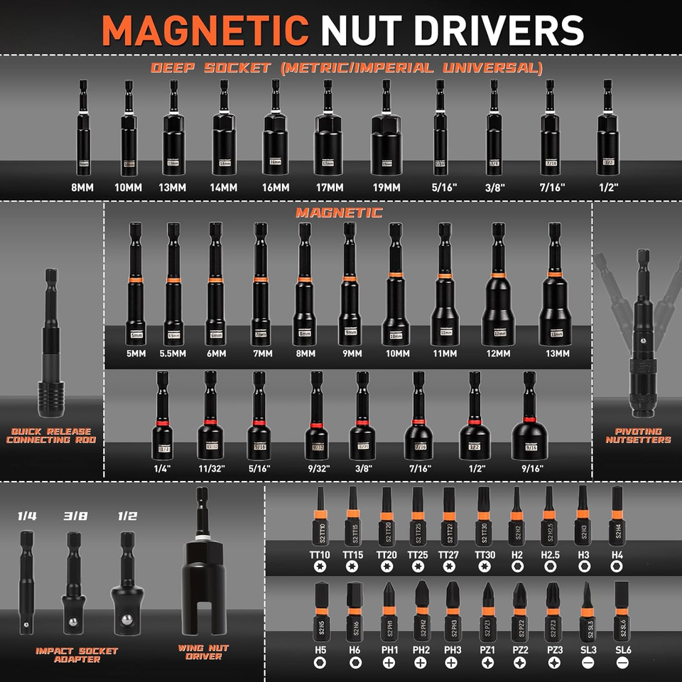 Magnetic Impact Nut Driver Set 55pc Deep SAE Metric Sockets Bits Cr-V ...