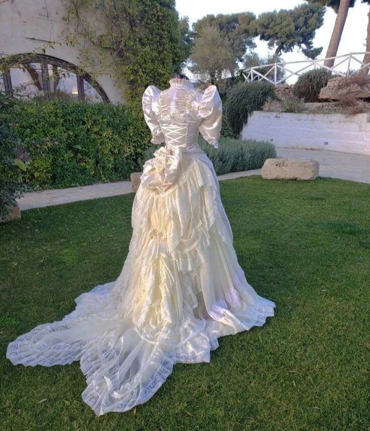 Vintage Victorian Prom Dress Satin Lace Pleated With Train Long ...