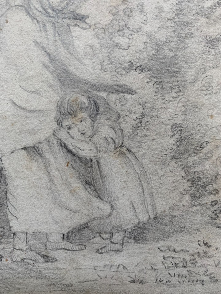 Antique English Pencil Drawing 1840s Mother and Child on a Windy Day ...