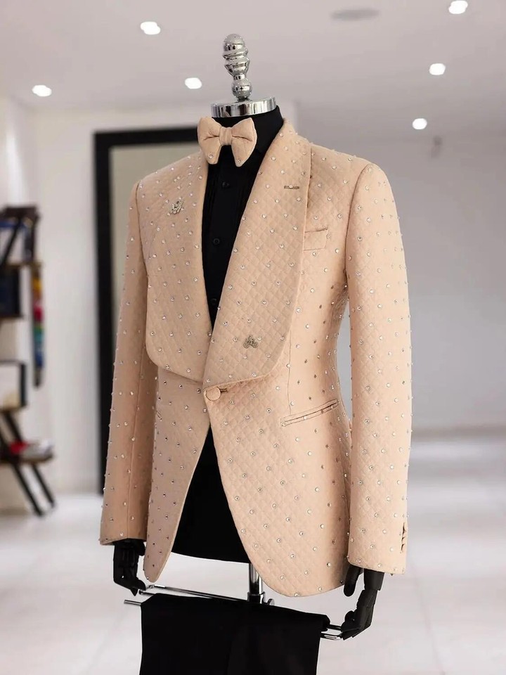 New Camel Luxury Rhinestone Suits for Men's Wedding Groom Wear 2 Pieces ...