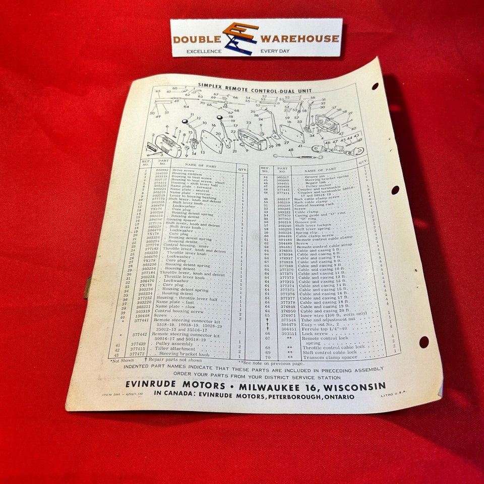 1959 Evinrude Parts List Simplex Remote Control Single Dual Type 277875 ...
