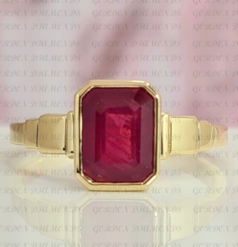 3.00ct Emerald Cut Natural Ruby Solitaire Engagement Ring 18K Yellow ...