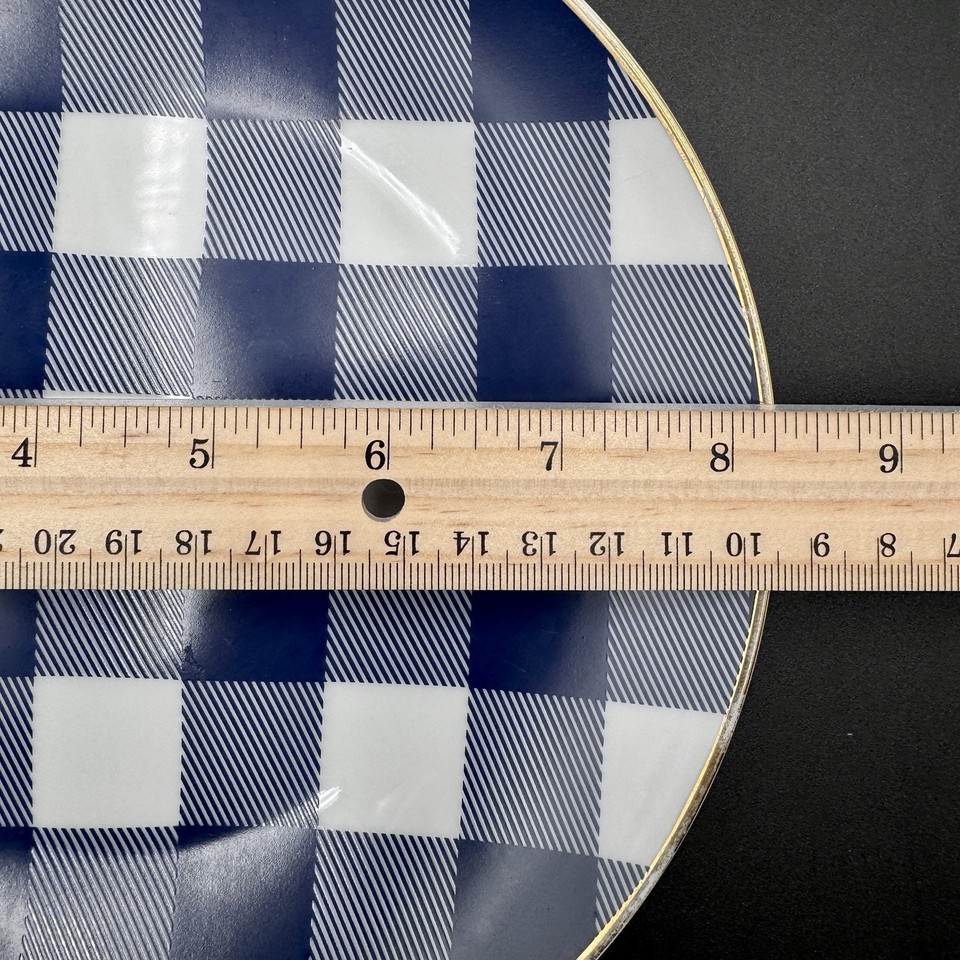 Mark and Graham Navy Blue GINGHAM CHECK 8.25” Gold Rim Salad Plates SET ...