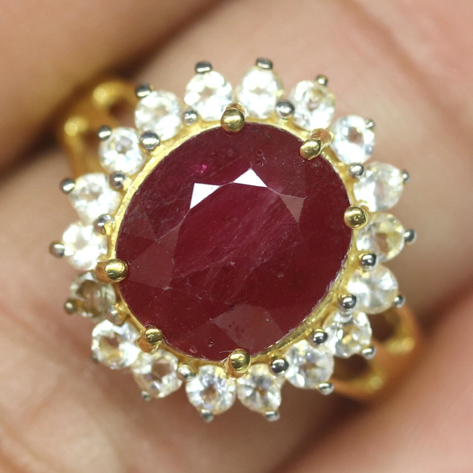 Heated 9 x 10 mm. Red Ruby & White Topaz Jewelry Ring 925 Silver Size 6 ...