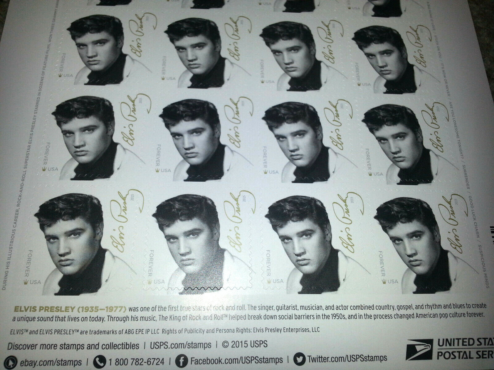 ELVIS PRESLEY 2015 USPS Music Icon FOREVER STAMPS DieCut SHEET OF 16 ...