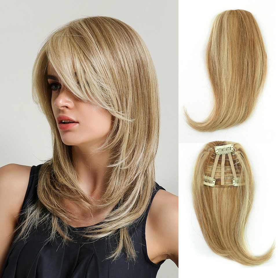 Women's 100% Real Human Hair Invisible Side-swept Bangs Clip In Topper ...