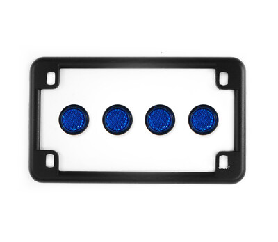 Matte Black Motorcycle License Plate Frame w/ 4 Blue Reflector Bolts ...