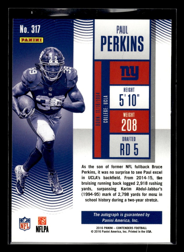 2016 Panini Contenders #317 Paul Perkins 56/99 Rookie Auto Championship ...