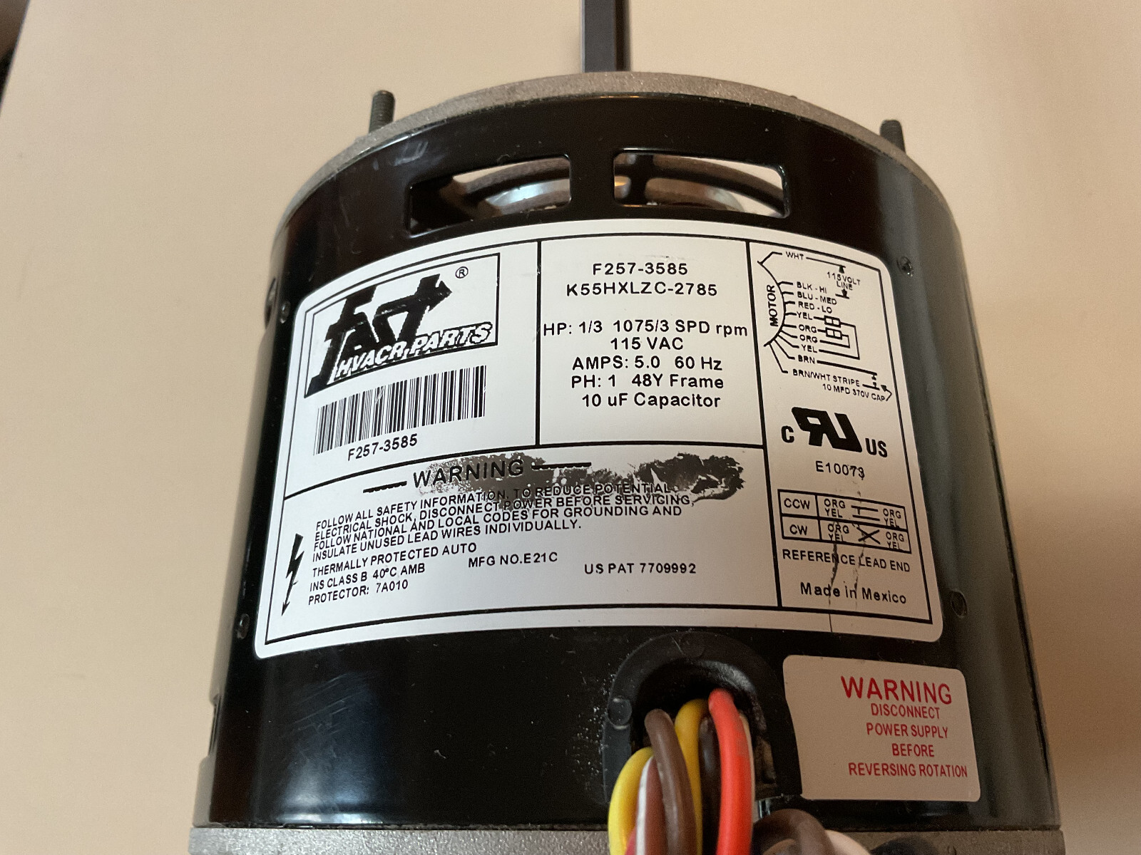 FAST HVAC F257-3585 1/3HP 115 VOLT 1075 RPM 3 SPEED BLOWER MOTOR ...