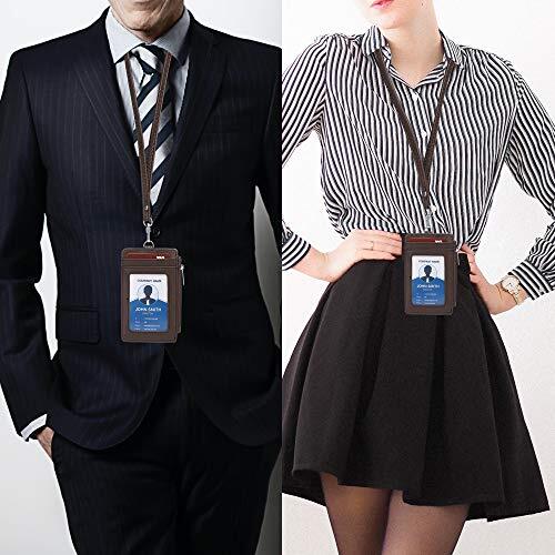 ID Badge Holder with Neck Lanyard PU Leather ID Badge Wallet Case with ...