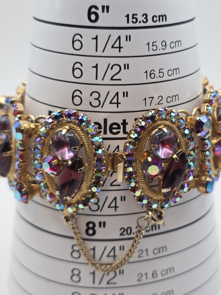 Vintage Purple, AB Rhinestone Gold Tone Bracelet Stunning 7.25 Inches ...