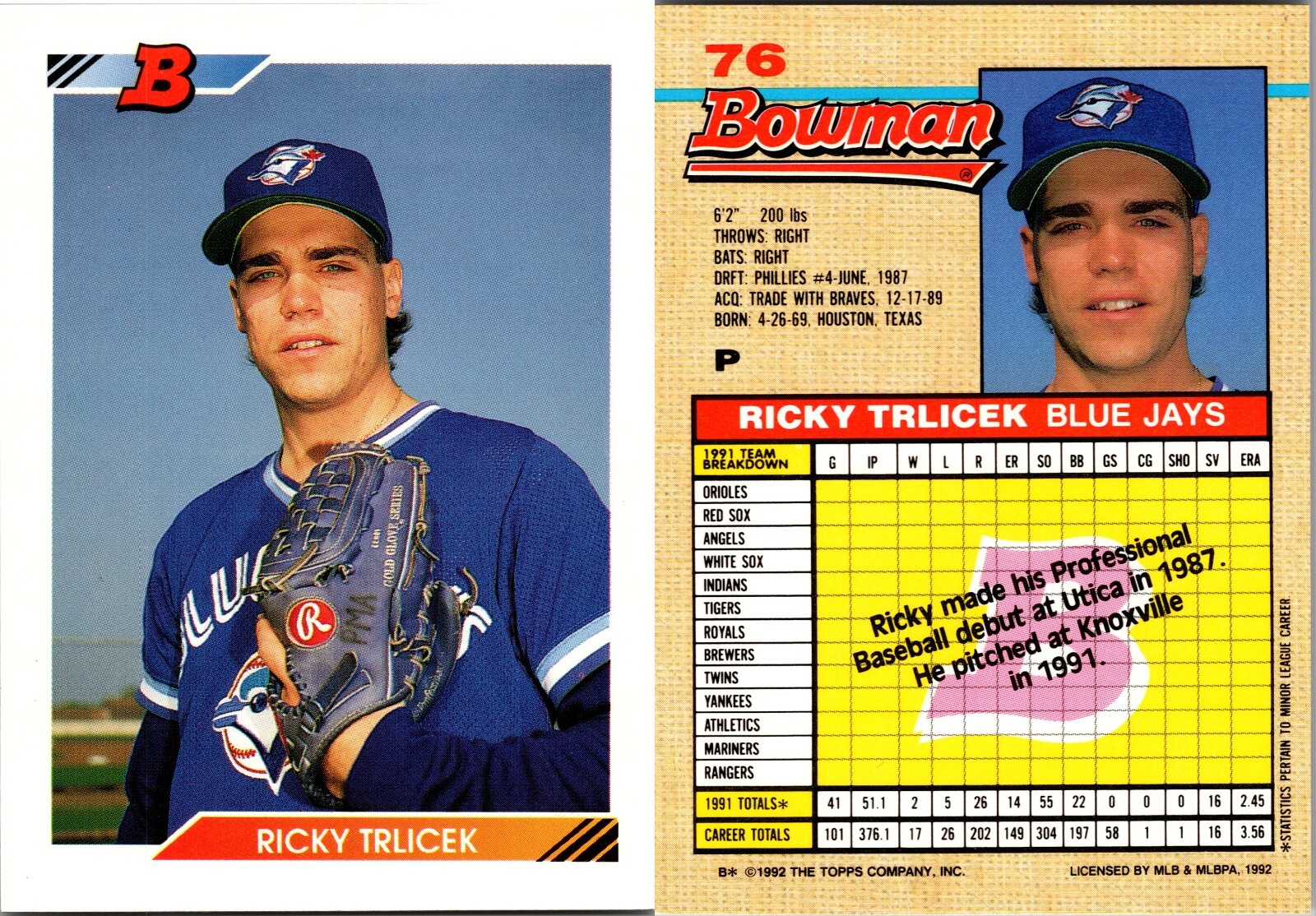 RICKY TRLICED - 1992 Bowman Fresh Rip-Mint Condition - Toronto Blue ...