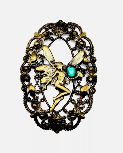 ESTATE Art Nouveau Bronze Filigree Fairy Holding Emerald Green Crystal ...