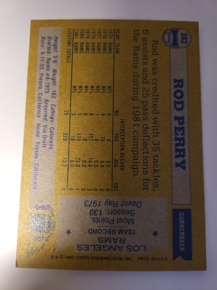 1982 Topps Rod Perry football card #382 | eBay