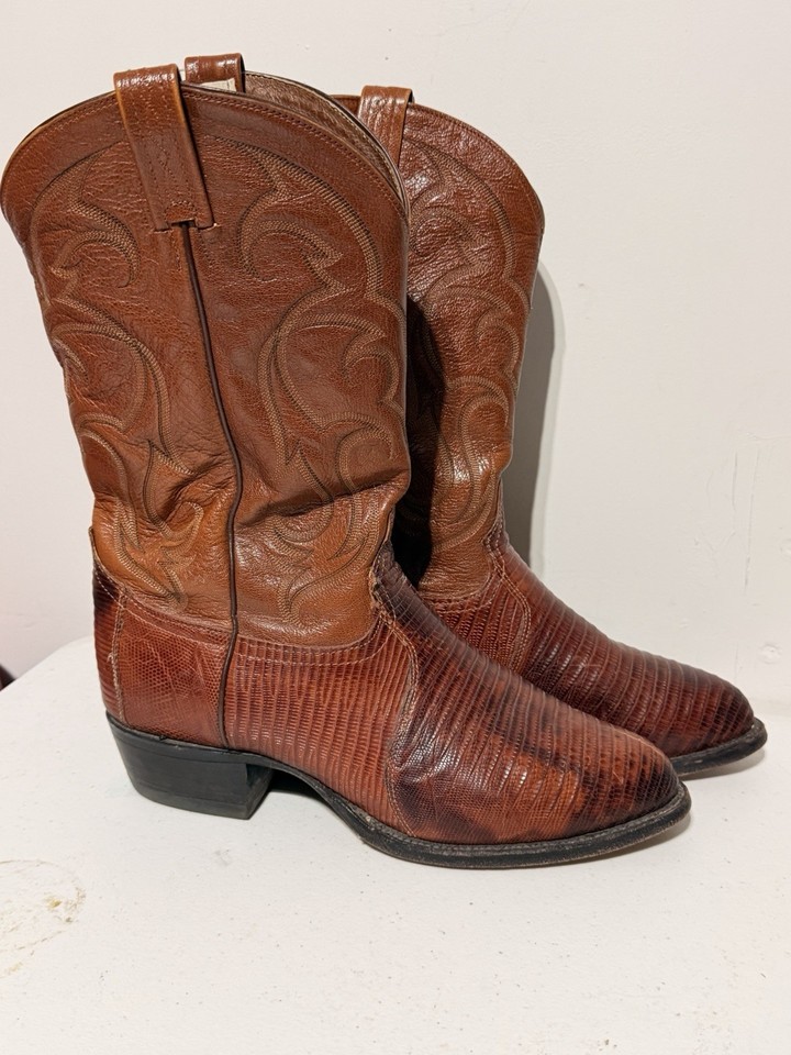 Tony Lama Men's 11 EE Peanut Brittle Teju Lizard & Leather Cowboy Boots ...