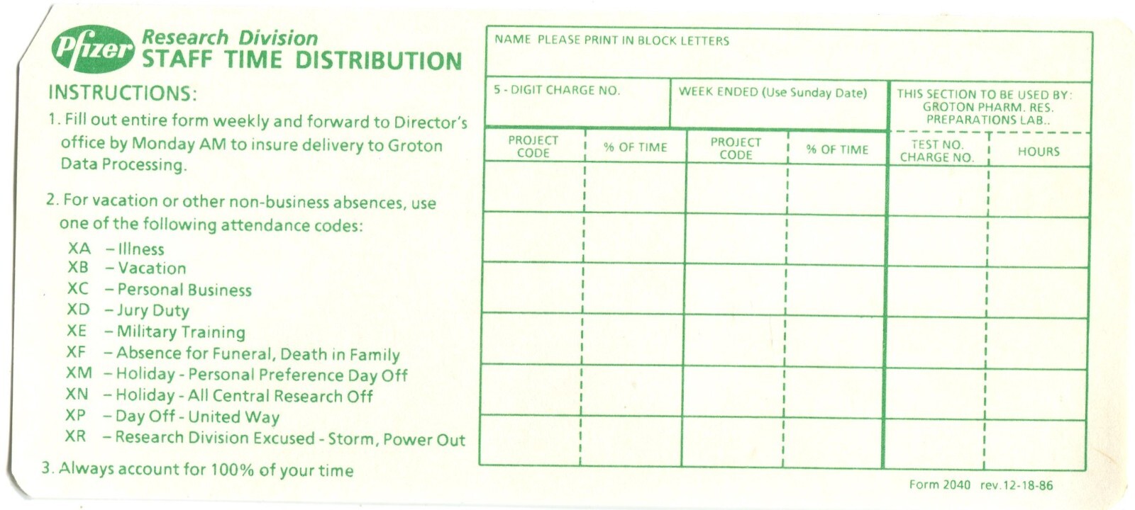 PFIZER Time Card - Vintage 1986 - Research Division Staff Time ...