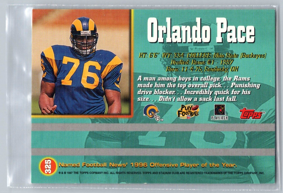 1997 TOPPS STADIUM CLUB ROOKIE CARD # 325 Orlando Pace - St. Louis Rams ...