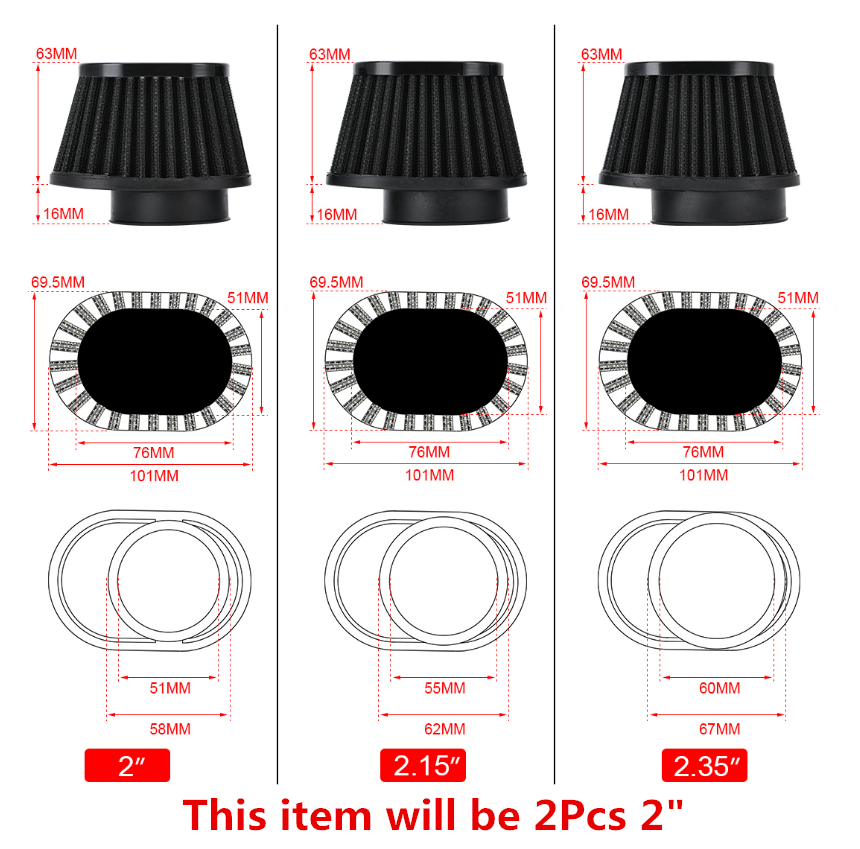 1 Pair 2in Car High Flow Cone Air Filter Kit Black Accessory Auto ...