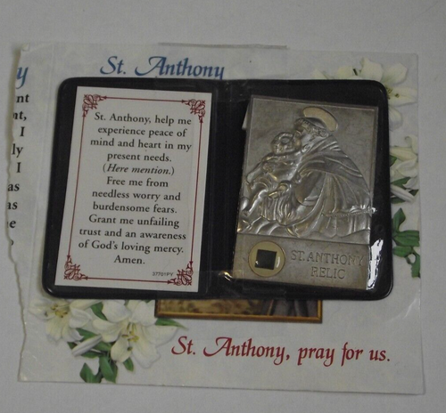 Vtg St Saint Anthony relic plaque pocket prayer folder shrine medal on ...