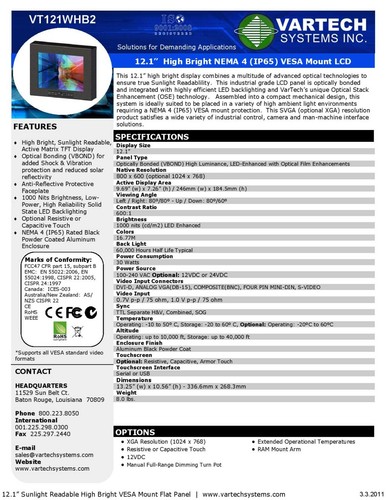 Vartech 12" High Bright Outdoor Touch Screen Monitor 12 Volt New ...