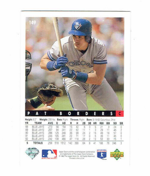 Pat Borders Toronto Blue Jays Catcher #149 Upper Deck 1993 #Baseball ...