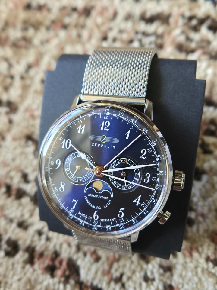 Zeppelin Moonphase Men's Watch LZ 129 Hindenburg Blue Dial Day Date ...