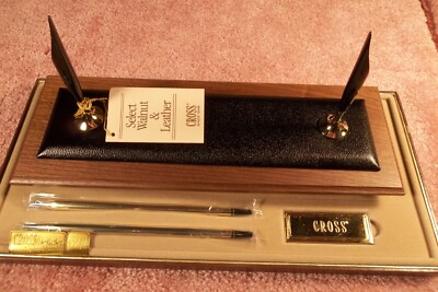 NOS CROSS WALNUT & LEATHER 1/20 10Kt GOLDFILLED PEN & PENCIL DESK SET ...