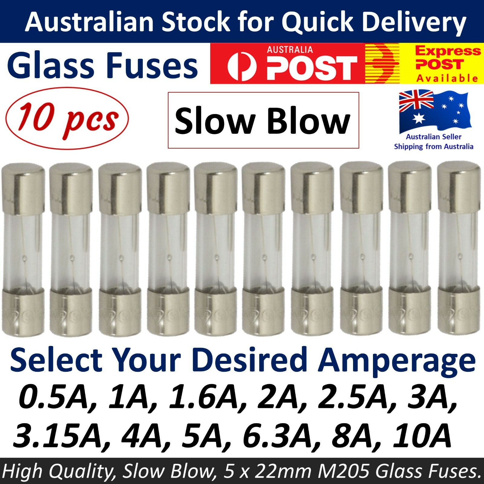 10Pcs M205 Glass Fuse 5mm x 20mm Slow Blow 250V / Select From 0.5A to ...