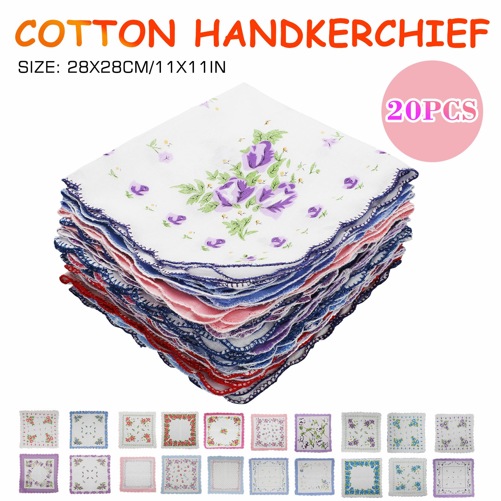 20PCS Women Vintage Floral Flowers Handkerchief 100% Cotton Square ...
