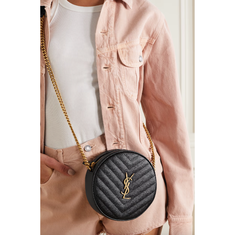 NEW SAINT LAURENT BLACK GOLD LEATHER CIRCLE ROUND CROSSBODY BAG PURSE ...