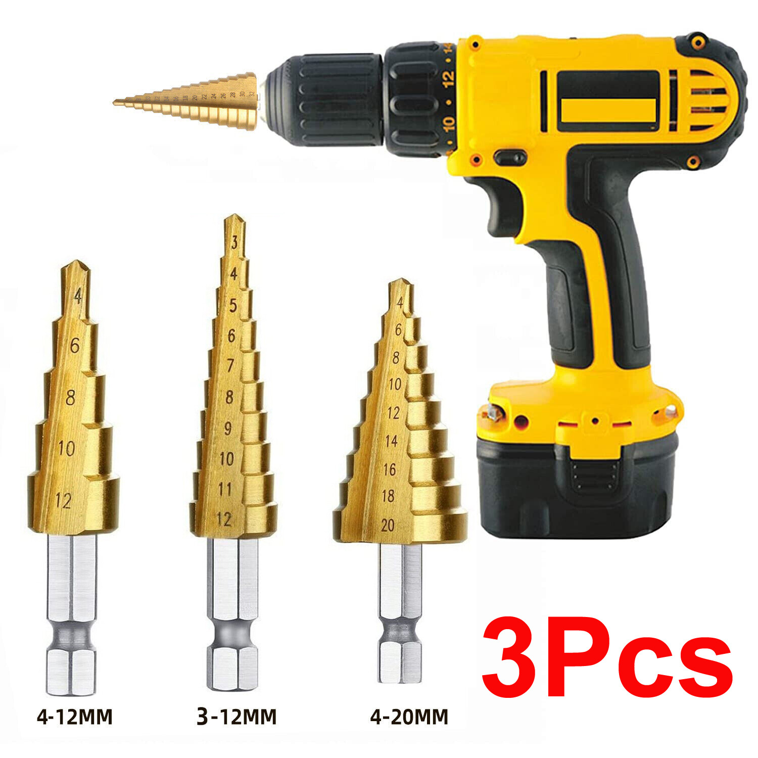 3PCS HSS Step Drill Bit Large Cone Titanium Bit Set Metal Hole Cutter ...