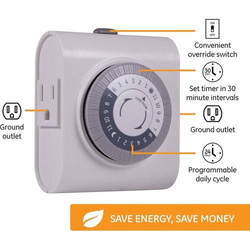GE Mechanical Grounded Outlet Timer, Dual Plugs with 3 Prongs, 24 Hour ...