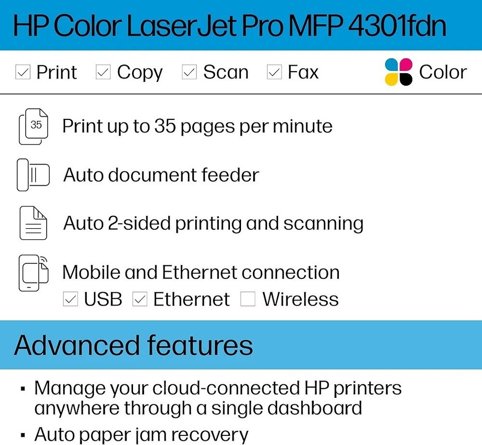 HP Color LaserJet Pro MFP 4301fdn Printer (4RA81) 63 Pages Printed | eBay