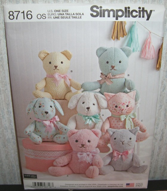 Simplicity Sewing Pattern 8716 Stuffed Animals Teddy Bear Dog Cat Kitty ...