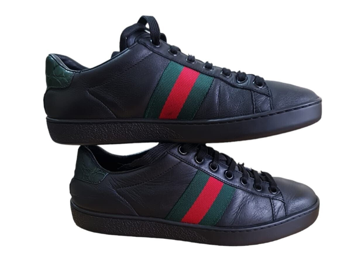 GUCCI ACE BLACK LEATHER Unisex SHOES TRAINERS SNEAKER… - Gem