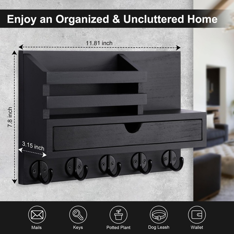 Key Holder Wall Mount, Mail Holder with Storage Drawer and 5 Key Hooks ...