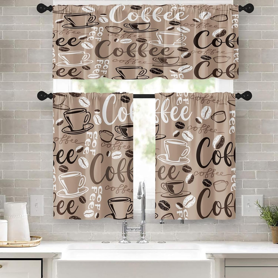 Coffee Kitchen Window Curtains Valance and Tier Set 36 Inch, Brown ...
