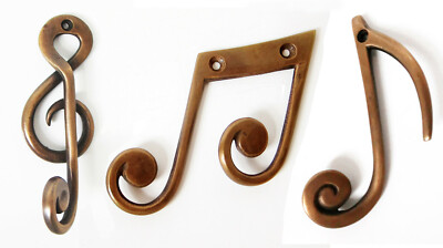 SOLID BRASS WALL hooks coat hanger TREBLE CLEF and MUSICAL NOTES 10 cm ...