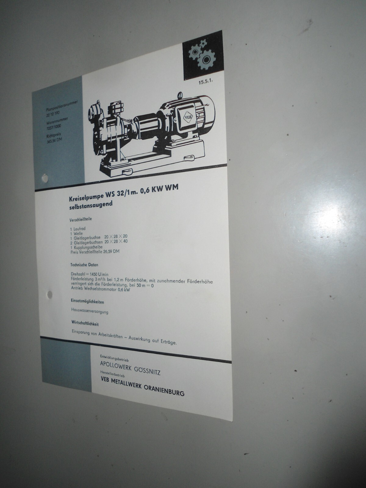 Datenblatt Prospekt Landwirtschaft DDR Kreiselpumpe WS 32/1 | eBay