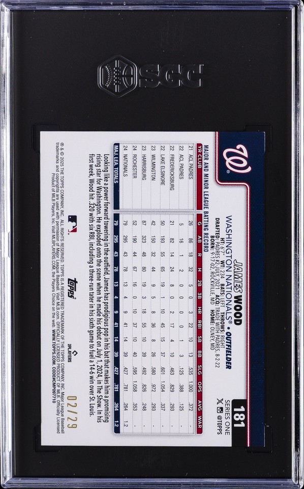 2025 TOPPS PLAYER NUMBER VARIATION #181 JAMES WOOD ROOKIE RC 2/29 SGC 9 ...