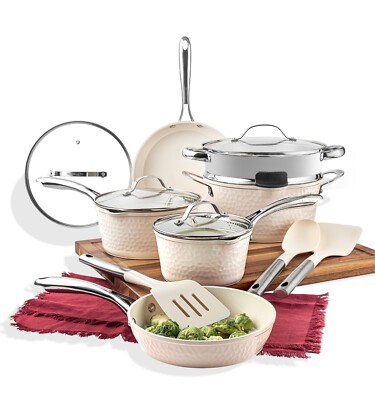Gotham Steel Hammered Cream 15 Piece Ceramic Nonstick Cookware Set with ...