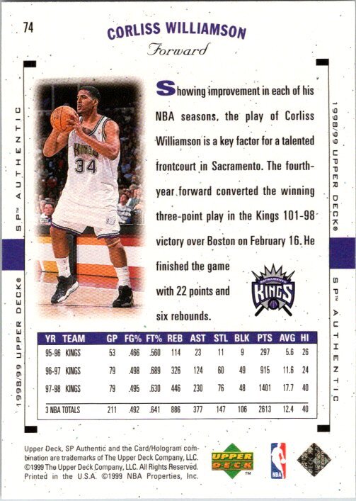 1998 SP Authentic - #74 Corliss Williamson | eBay